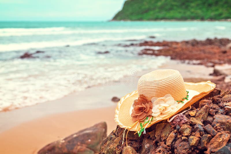 Vintage Hat on Stone in Tropical Beach Stock Image - Image of beach ...