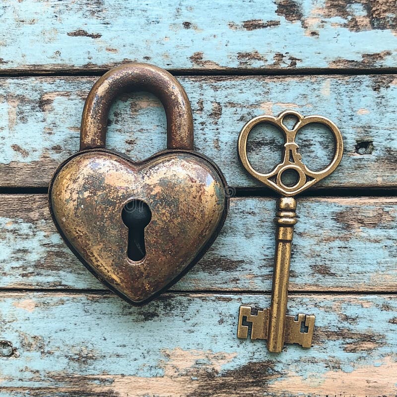 Vintage Heart-Shaped Lock and Key on a Rustic Surface Stock Image ...