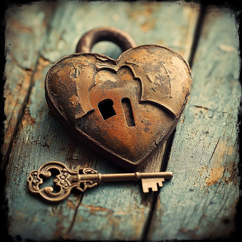 Vintage Heart-Shaped Lock and Key on a Rustic Surface Stock Photo ...