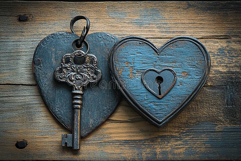 Vintage Heart-Shaped Lock and Key on a Rustic Surface Stock Photo ...
