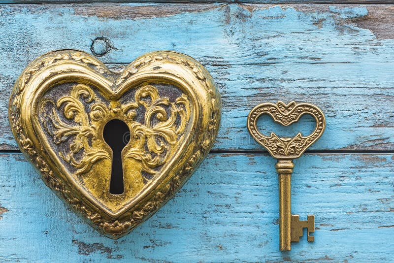 Vintage Heart-Shaped Lock and Key on a Rustic Surface Stock Photo ...