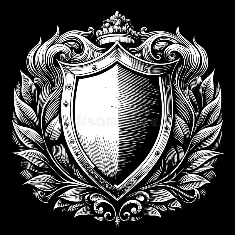 Vintage Heraldic Shield with Decorative Leaves and Crown Stock ...