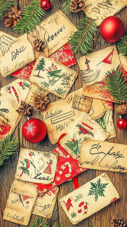 Vintage Holiday Postcards on Wooden Surface Stock Illustration ...