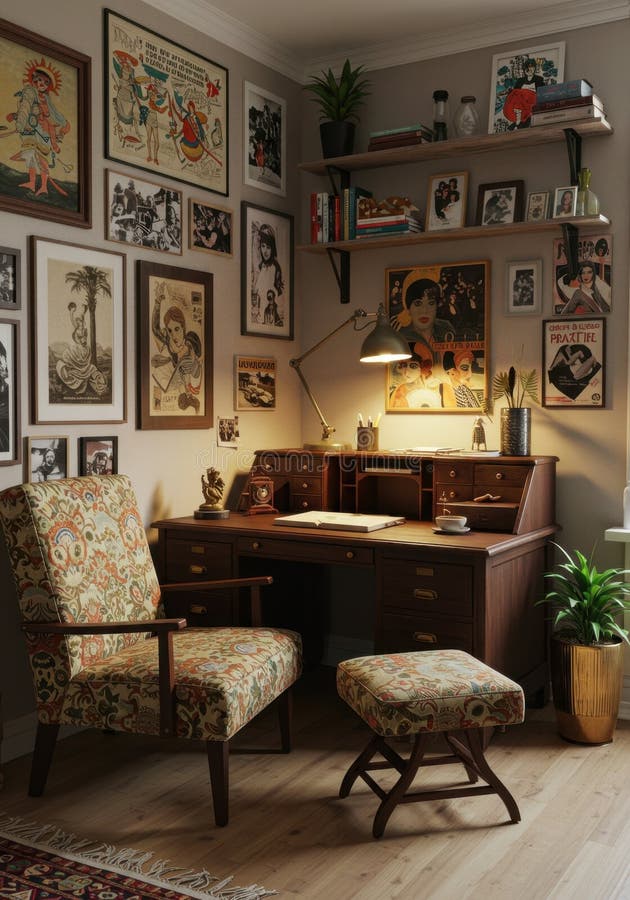 Vintage Home Office with Dark Wood Desk and Artwork Stock Illustration ...