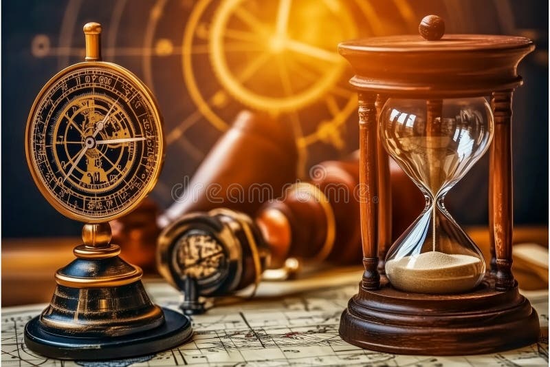 A Vintage Hourglass and Compass on a Historical Map, Symbolizing the ...