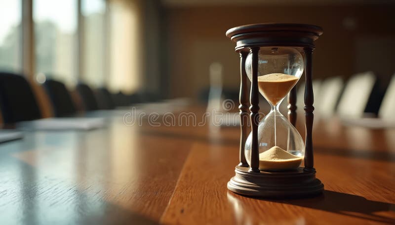 Vintage Hourglass on Conference Table with Falling Sand Signifying Time ...