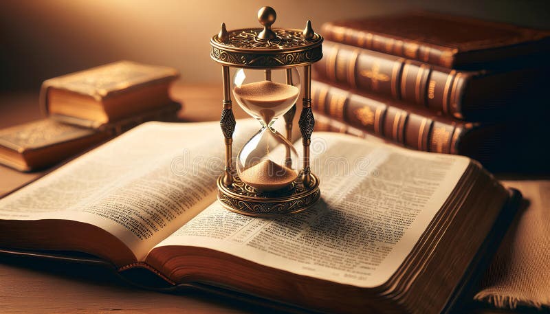 Vintage Hourglass on Open Bible with Sunlight Streaming through Window ...