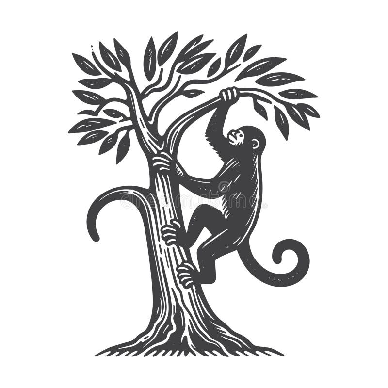 Vintage Howler Monkey Climbing Tree Jungle Animal Illustration. Stock ...