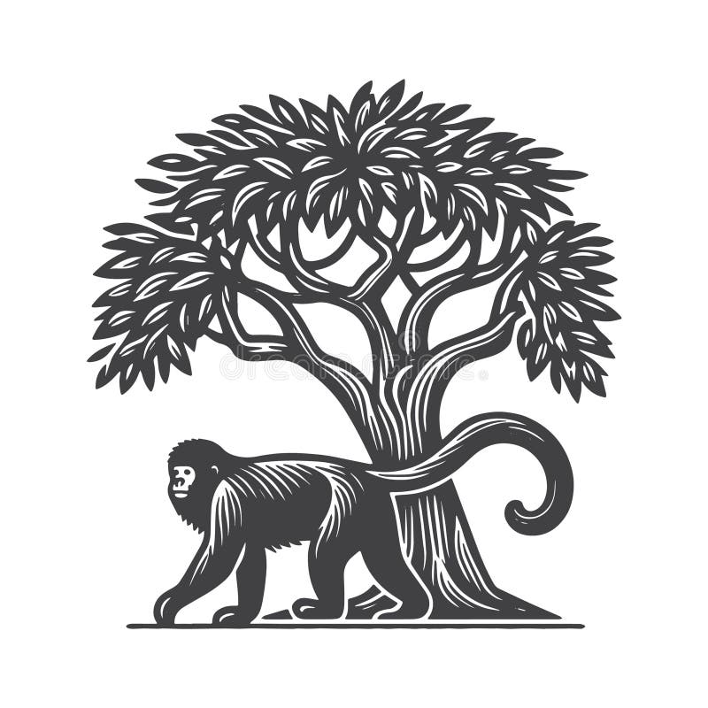 Vintage Howler Monkey with Tree Engraved Jungle Animal Vector. Stock ...