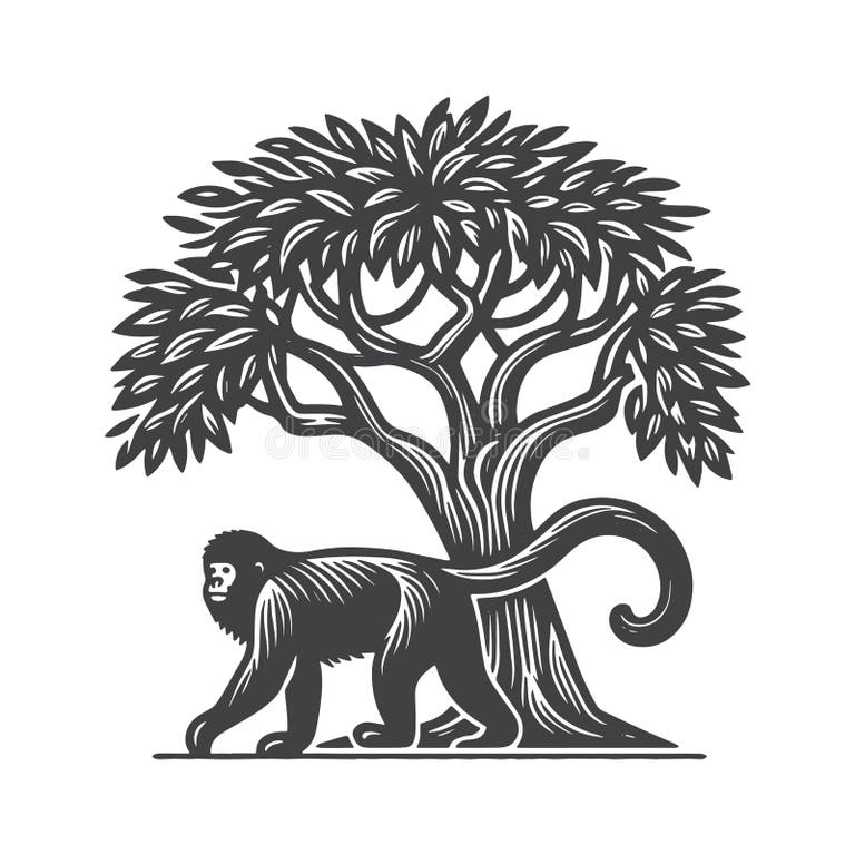 Vintage Howler Monkey with Tree Engraved Jungle Animal Vector. Stock ...