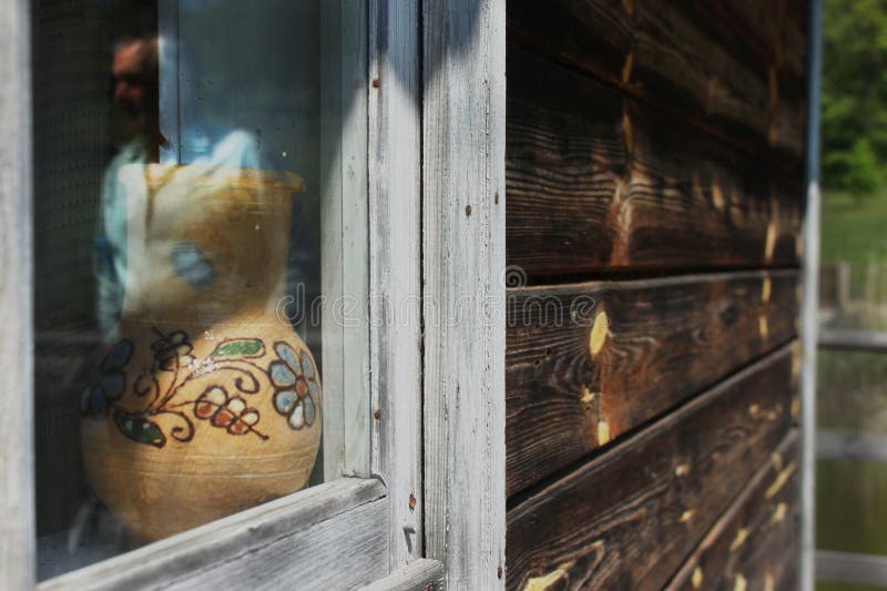 Vintage Hut Elements, Window, Log Wall, Retro Decanter, Reflection on ...