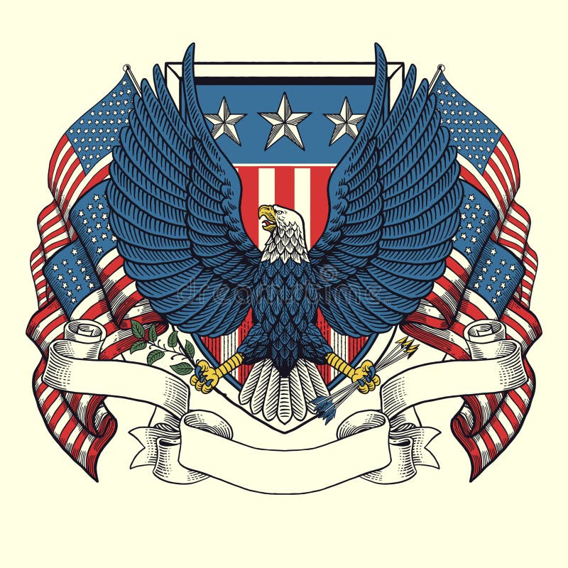 Vintage Illustration of American Eagle Design with Shield, Flags, and ...