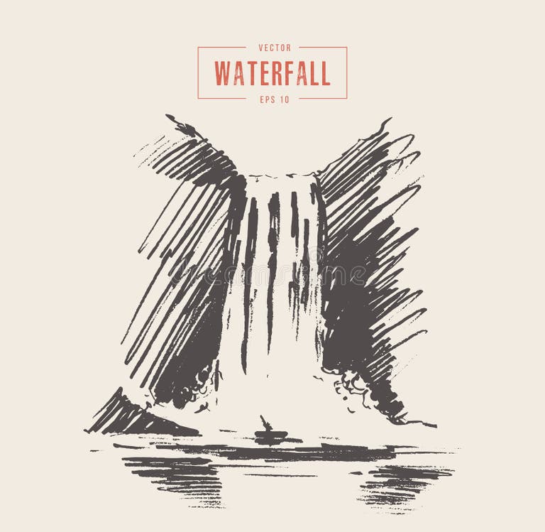 Vintage Illustration of Beautiful Waterfall Drawn Stock Vector ...