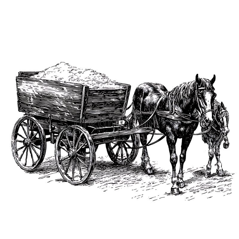 Vintage Illustration of a Horse-drawn Wagon Carrying a Load Stock ...