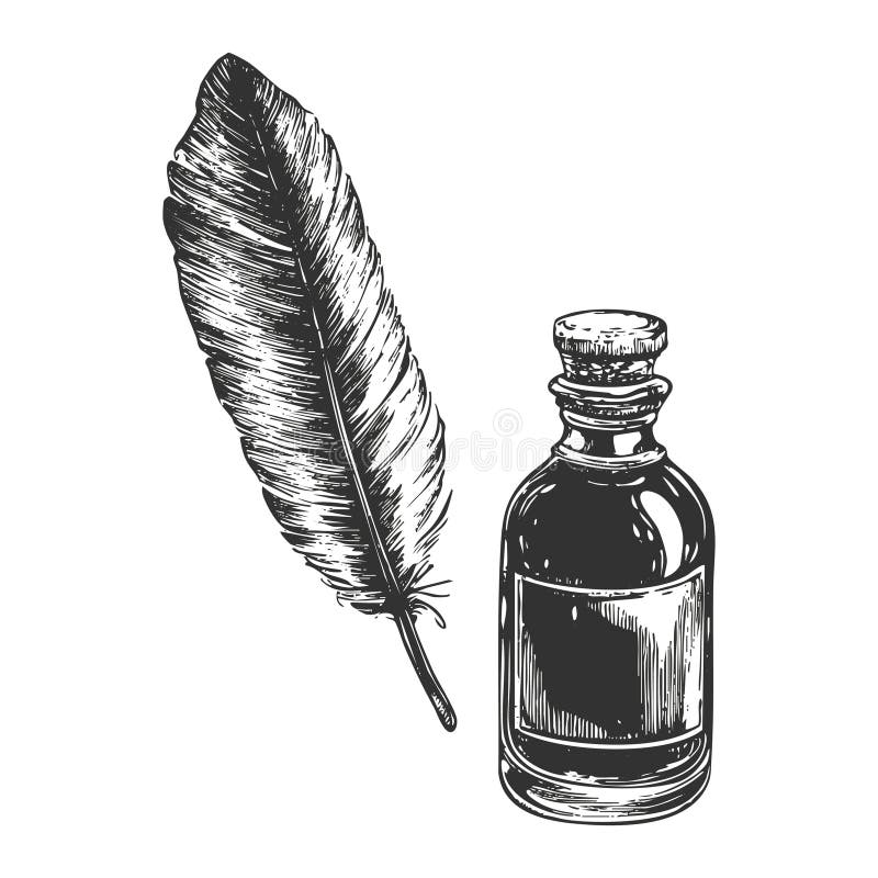 Vintage Illustration of a Quill and Ink Bottle in Black and White ...