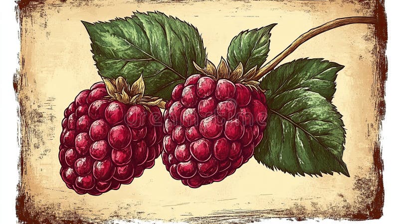 Vintage Illustration of Raspberries on Branch, Textured Background ...