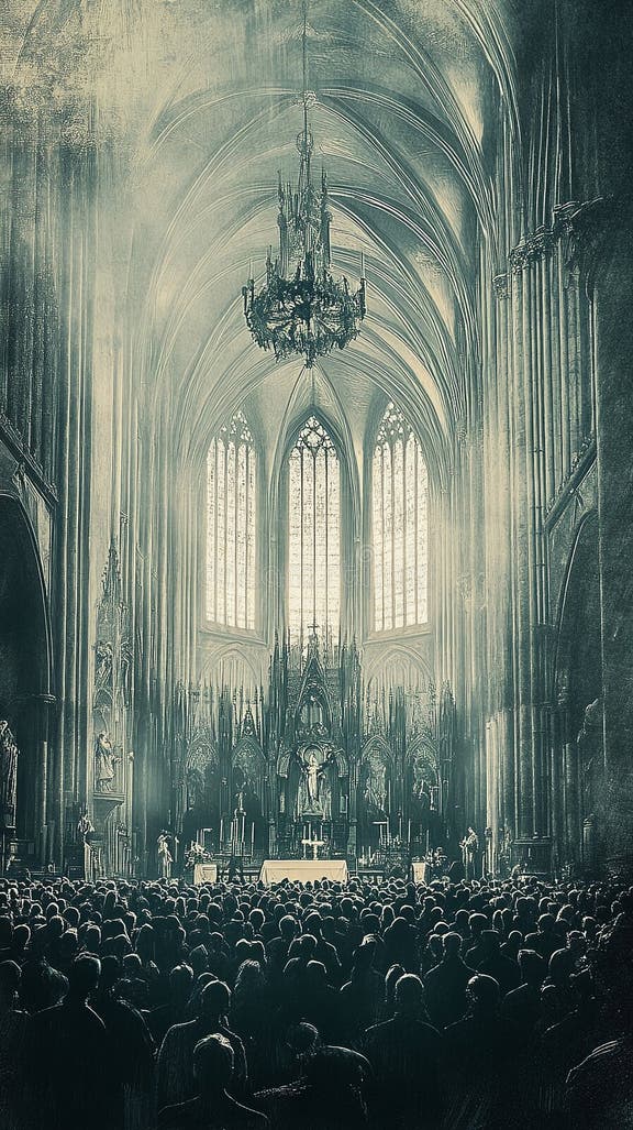 Vintage Image of a Crowded Medieval Cathedral during a Mass Stock ...