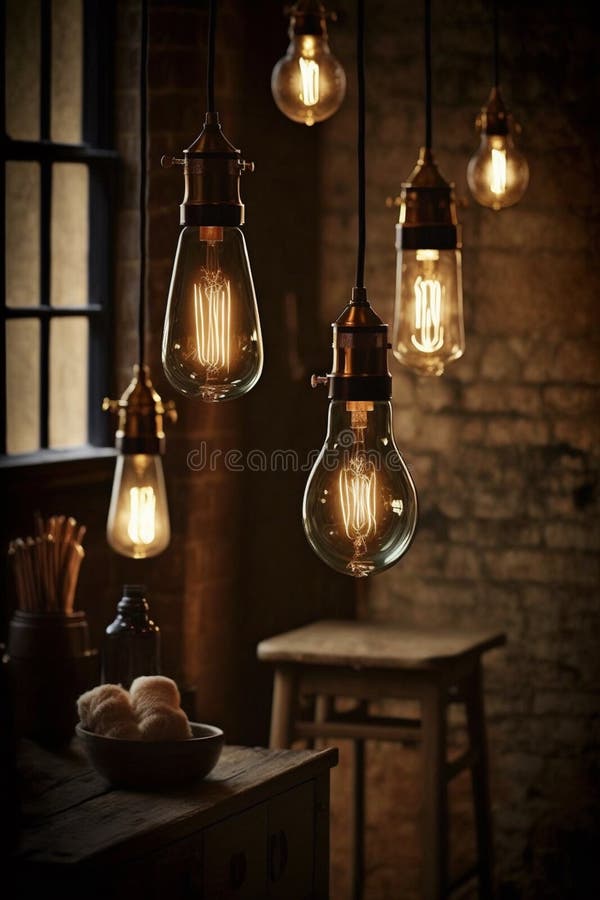 Vintage Incandescent Edison Light Bulbs Hanging from Ceiling in Dark ...