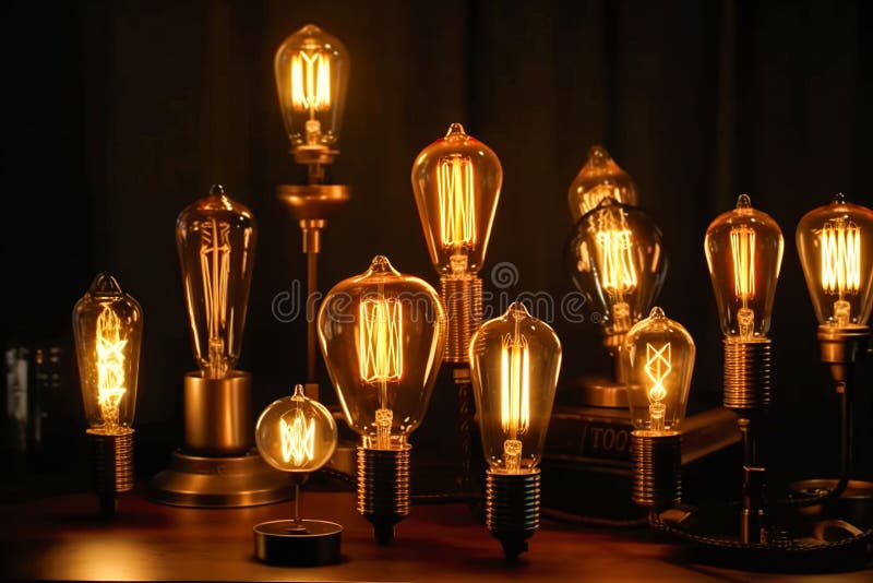 Vintage Incandescent Edison Light Bulbs Hanging on Dark Wall ...
