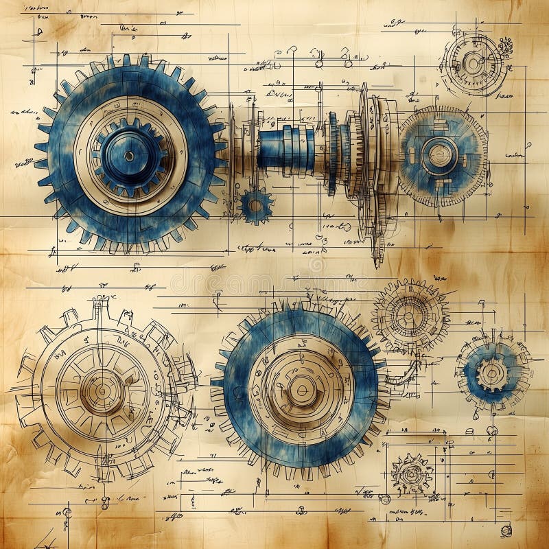 Vintage Industrial Blueprints with Mechanical Sketches Stock ...