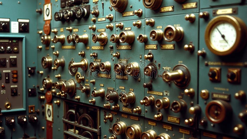 Vintage Industrial Control Panel with Gauges and Knobs in Retro ...