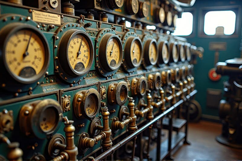 Vintage Industrial Control Panel with Pressure Gauges and Levers in ...