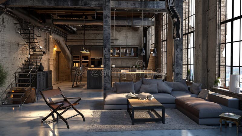 Vintage Industrial Loft Room Interior. Generative Ai Stock Illustration ...