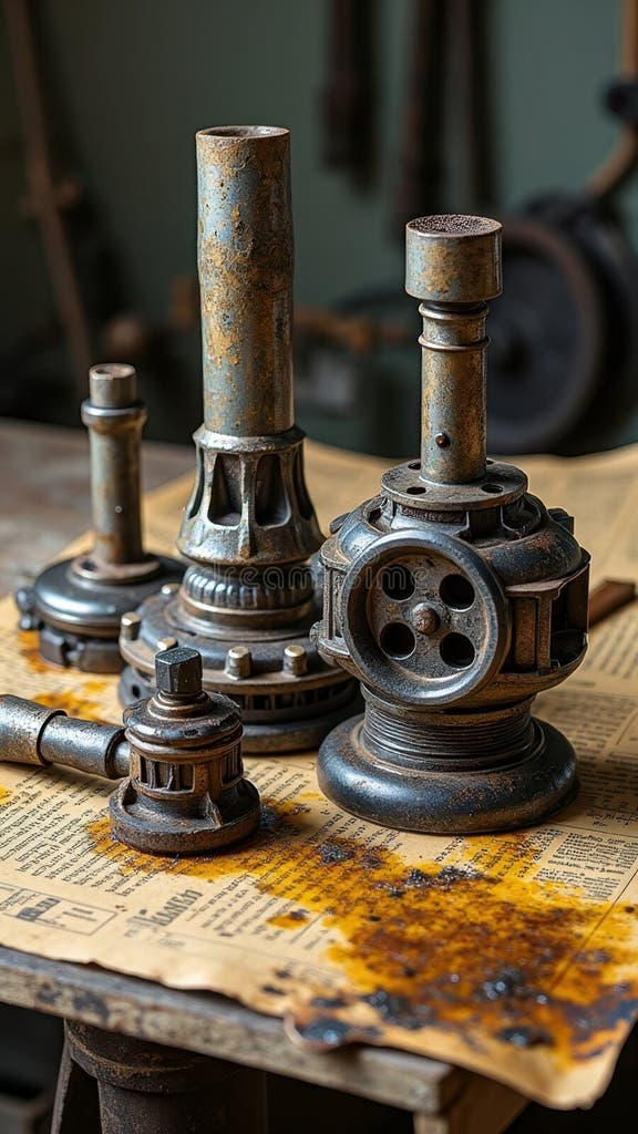 Vintage Industrial Machine Parts on Rustic Workshop Table Stock Photo ...