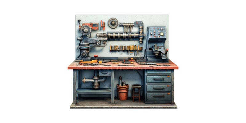 Vintage Industrial Workbench with Tools and Machinery. Classic Workshop ...