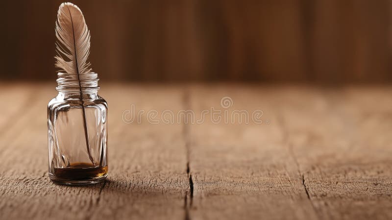 Vintage Ink Bottle with Quill Feather on Rustic Wooden Surface Stock ...