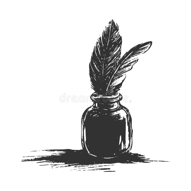 Vintage Ink Bottle with Quill Pen Illustration in Black and White ...