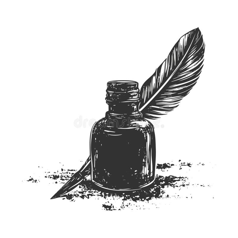 Vintage Ink Bottle with Quill Pen Illustration in Black and White ...