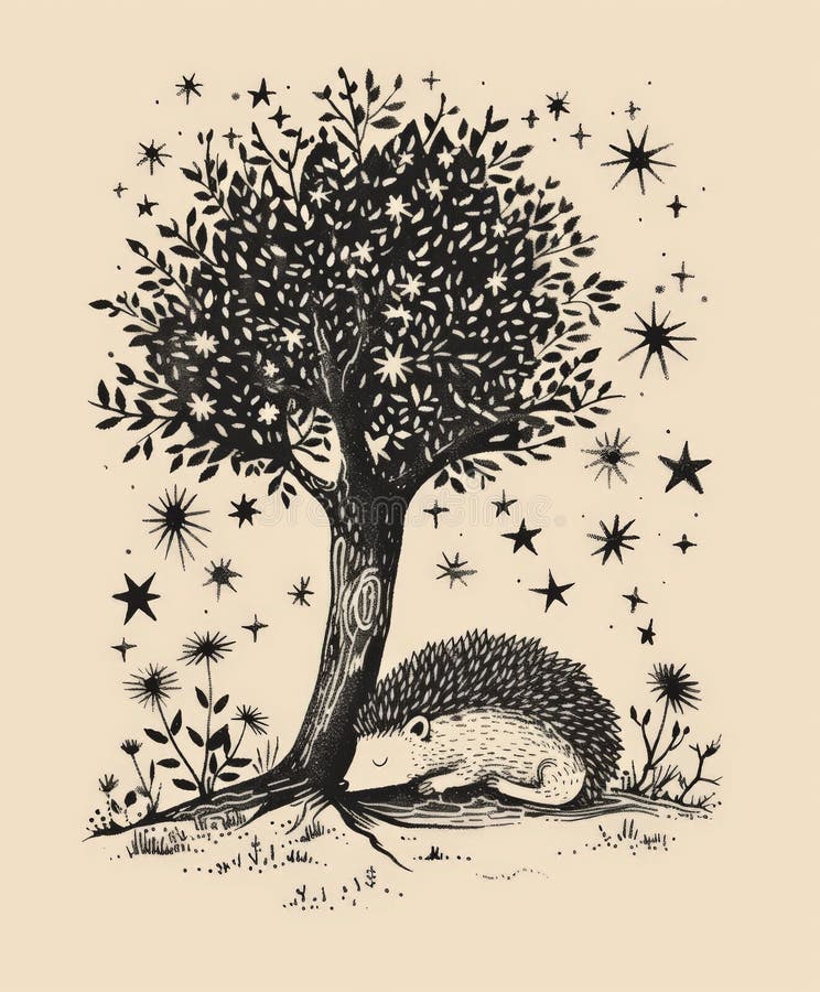 Vintage Ink Illustration of a Hedgehog Sleeping Under a Tree Stock ...