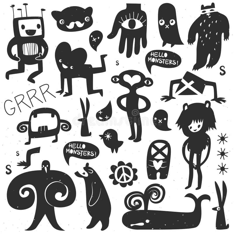 Vintage Ink Monsters and Freaks. Stock Vector - Illustration of doodle ...
