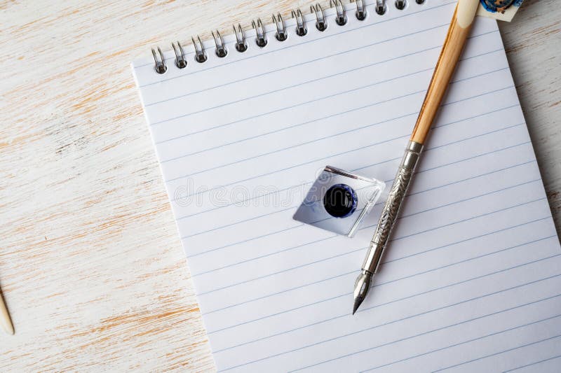 Vintage Ink Pen, Notebook with Lines and Blue Ink Stock Image - Image ...