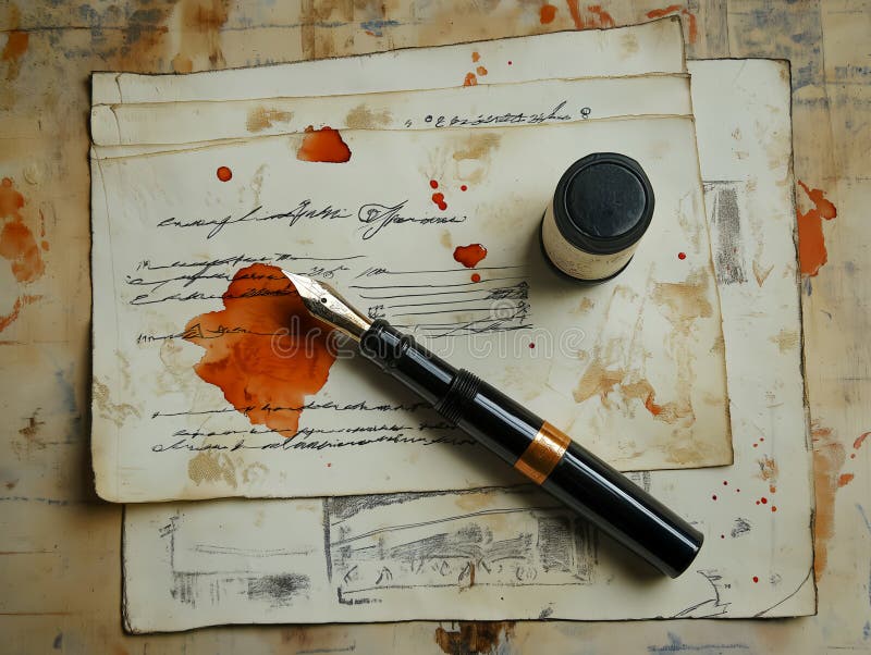 Vintage Ink Pen with Parchment and Red Ink Splatter Stock Illustration ...