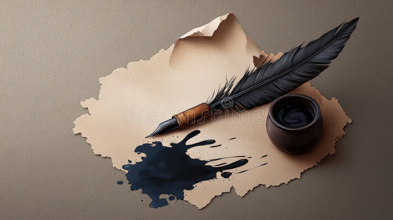 Vintage Ink Pen and Ink Pot on an Old Parchment Paper Artistic ...