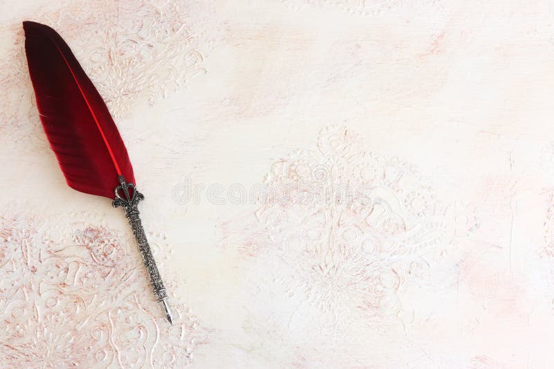 Vintage Ink Pen with Red Feather Stock Photo - Image of correspondence ...