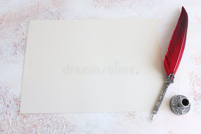 Vintage Ink Pen with Red Feather and Empty Paper Stock Image - Image of ...