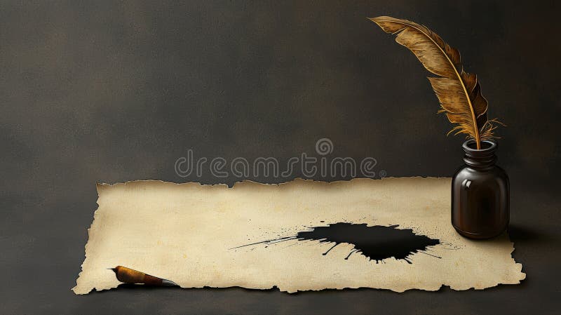 Vintage Ink Quill and Bottle beside an Ink Blot on Aged Paper Stock ...
