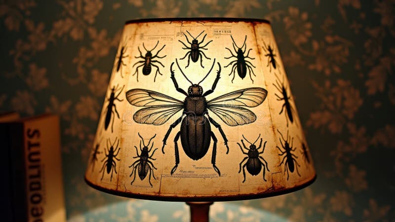 Vintage Insect-themed Lamp with Illustrated Beetle Design on Lampshade ...
