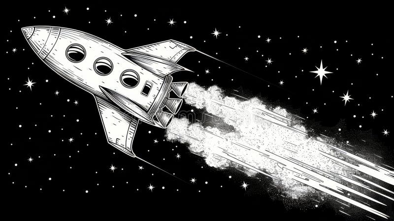 Vintage-Inspired Black and White Illustration of a Rocket Ship with a ...