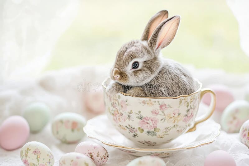 A Vintage-inspired Easter Bunny Sitting Inside an Ornate Teacup ...