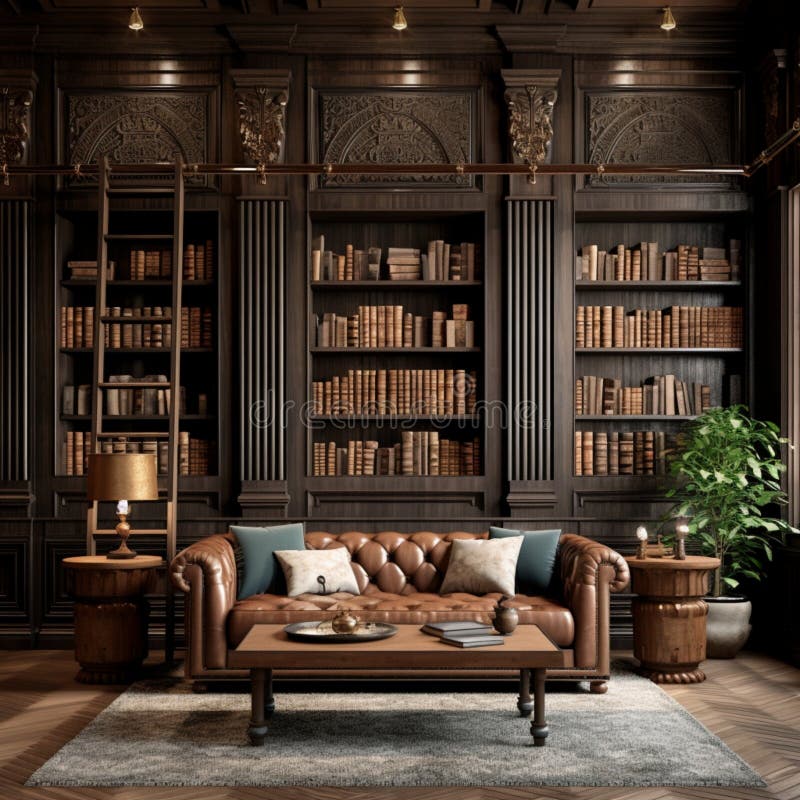 A Vintage-inspired Library with a 3D Wood Panel Wall Stock Illustration ...