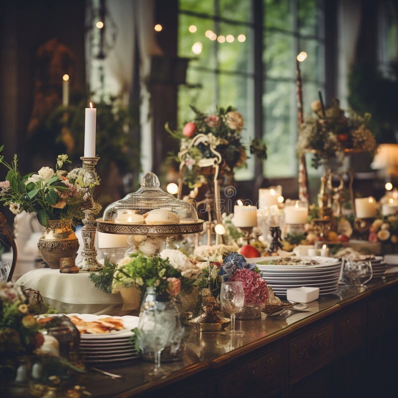 Vintage-inspired Reception Buffet Setup Stock Illustration ...