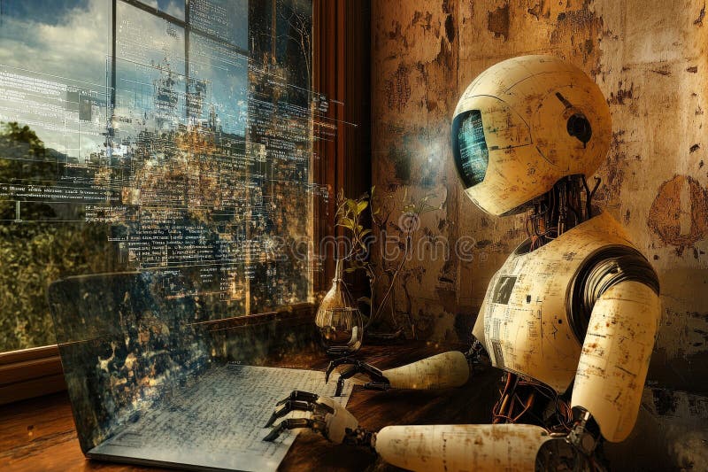 Vintage-Inspired Robot Coding in Rustic Workspace Stock Image - Image ...