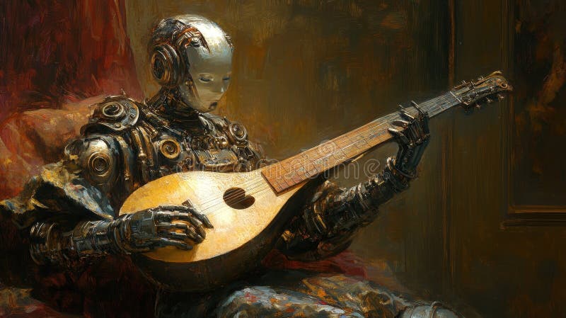 Vintage-inspired Robot Playing Lute in Dramatic Setting Stock Image ...