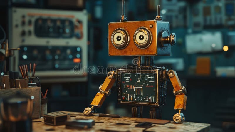 Vintage-inspired Square Robot with Large Eyes in a Workshop Stock Image ...