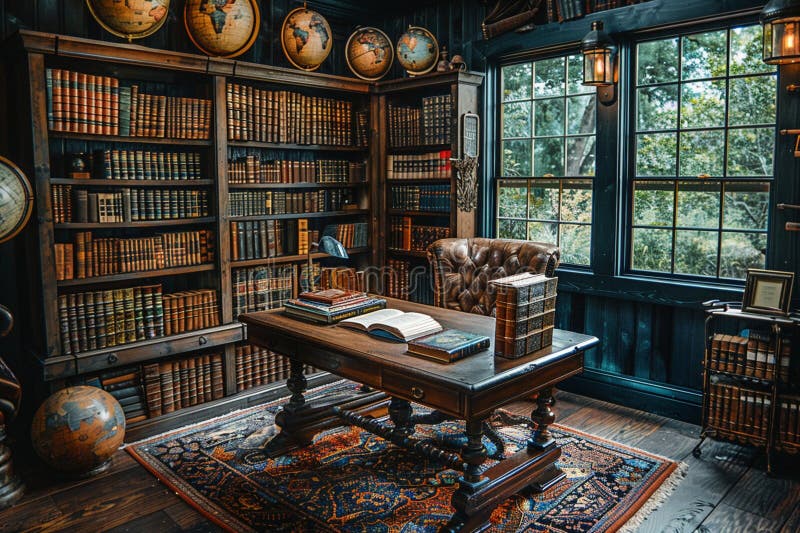 Vintage-inspired Study with Leather-bound Books and a Classic Writing ...
