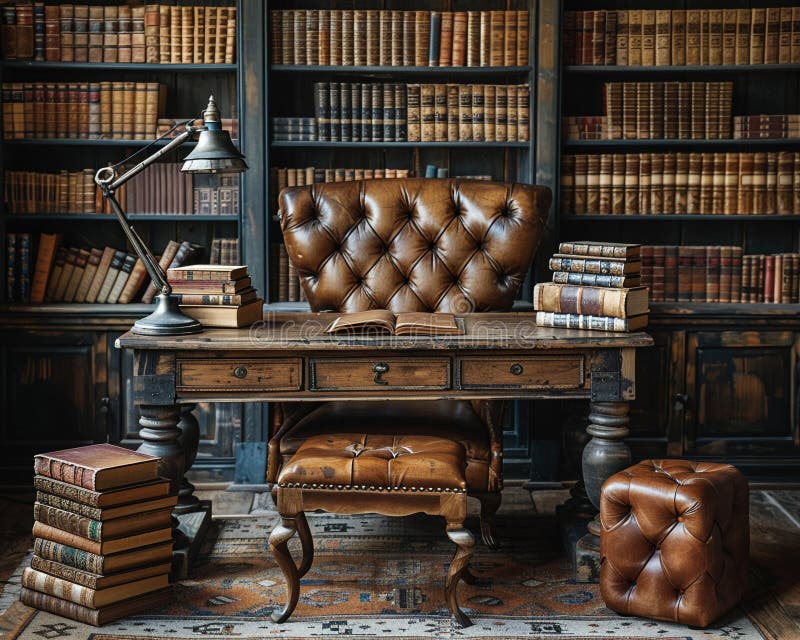 Vintage-inspired Study with Leather-bound Books and a Classic Writing ...